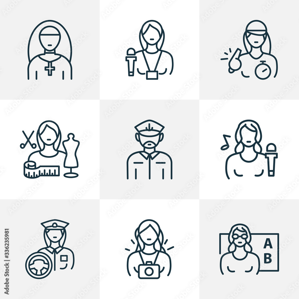 Occupation icons line style set with priest woman, singer woman ...
