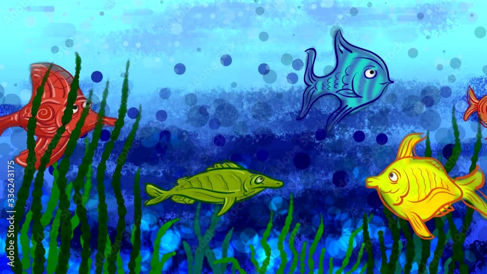 Drawn fish in a children's style wave-like swim against the backdrop of ...