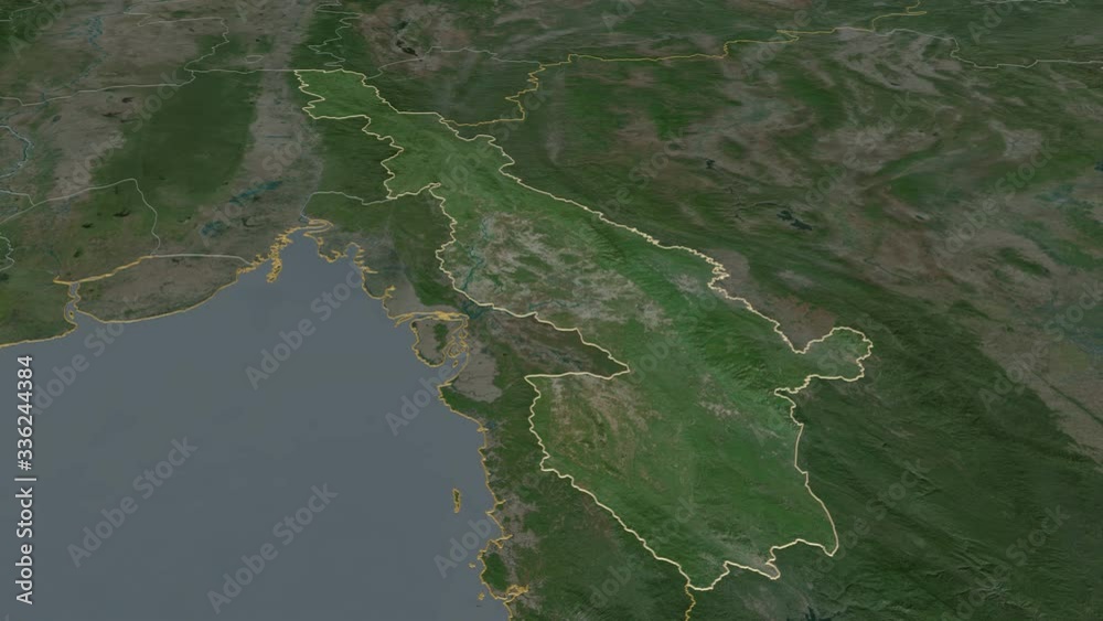 Kayin, state with its capital, zoomed and extruded on the satellite map ...