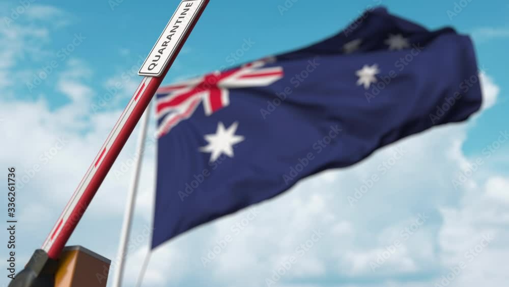 Open boom gate with QUARANTINE sign on the Australian flag background ...