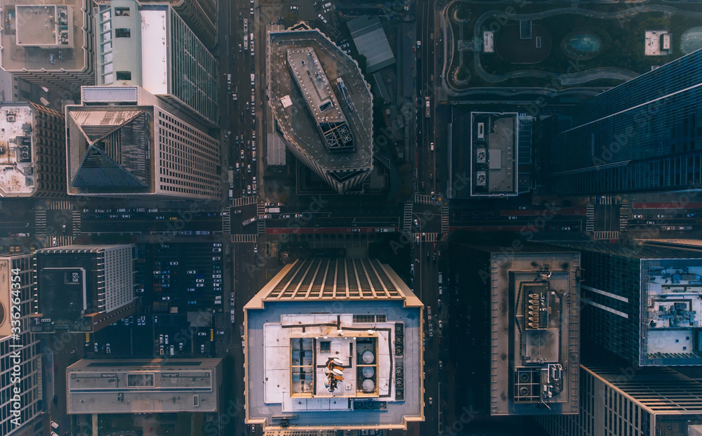 Aerial view of high towers and buildings in downtown with offices and ...