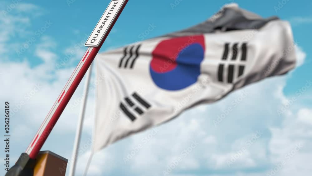 Open boom gate with QUARANTINE sign on the Korean flag background ...