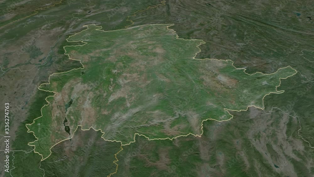 Shan, state with its capital, zoomed and extruded on the satellite map of Myanmar in the ...