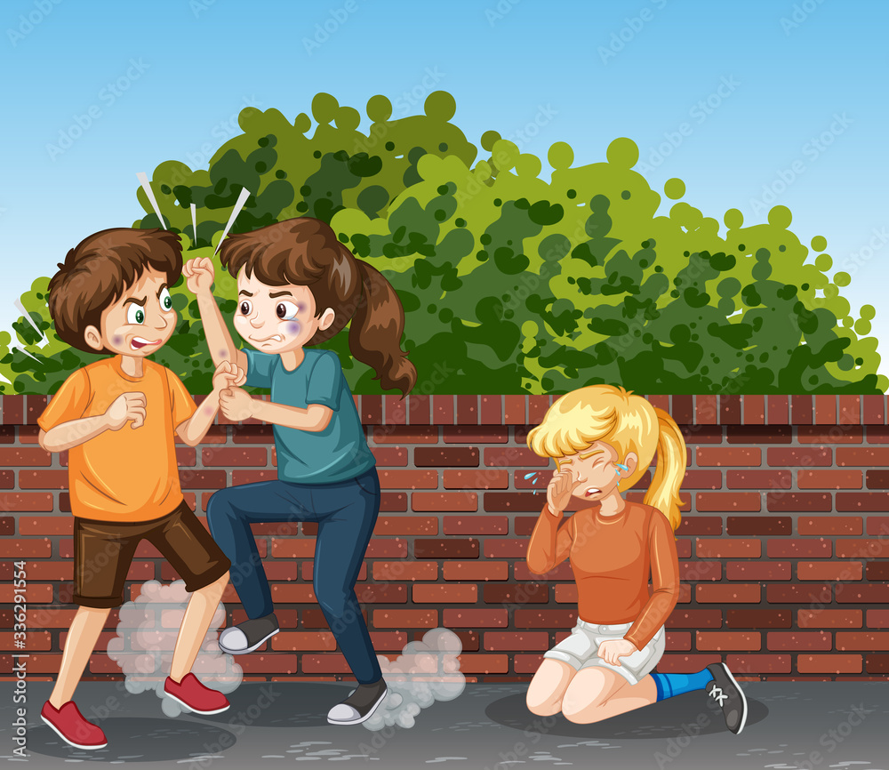 Domestic violence scene with people fighting on the sidewalk Stock ...