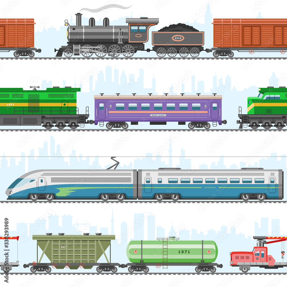 Set of modern and retro railway transport, locomotives, speed ...