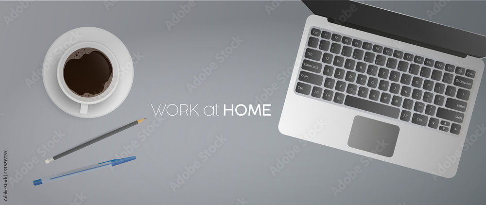 Work at home banner. Flat lay, top view office desk with laptop ...