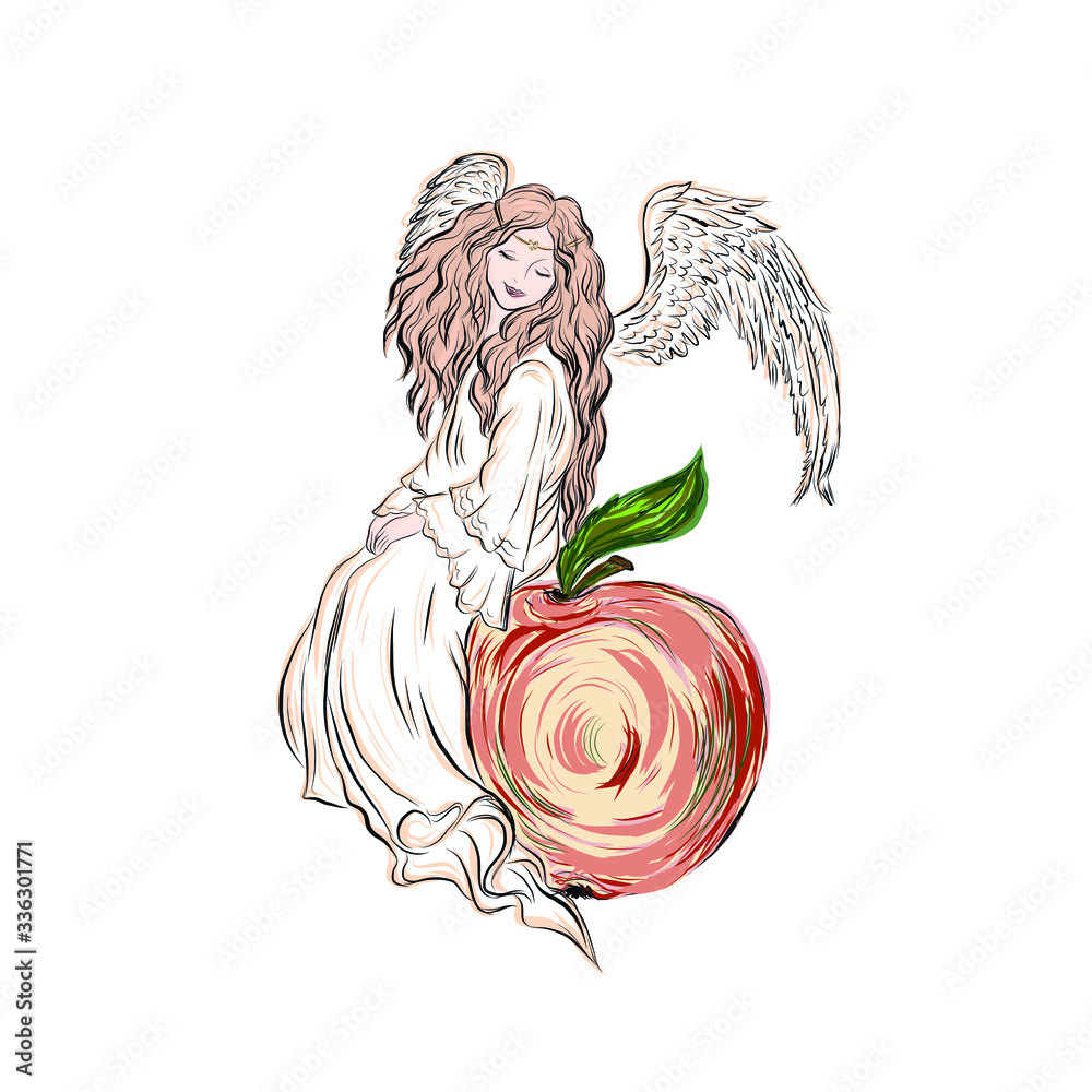 Cute happy angel sitting on apple. Character of woman with wings from ...