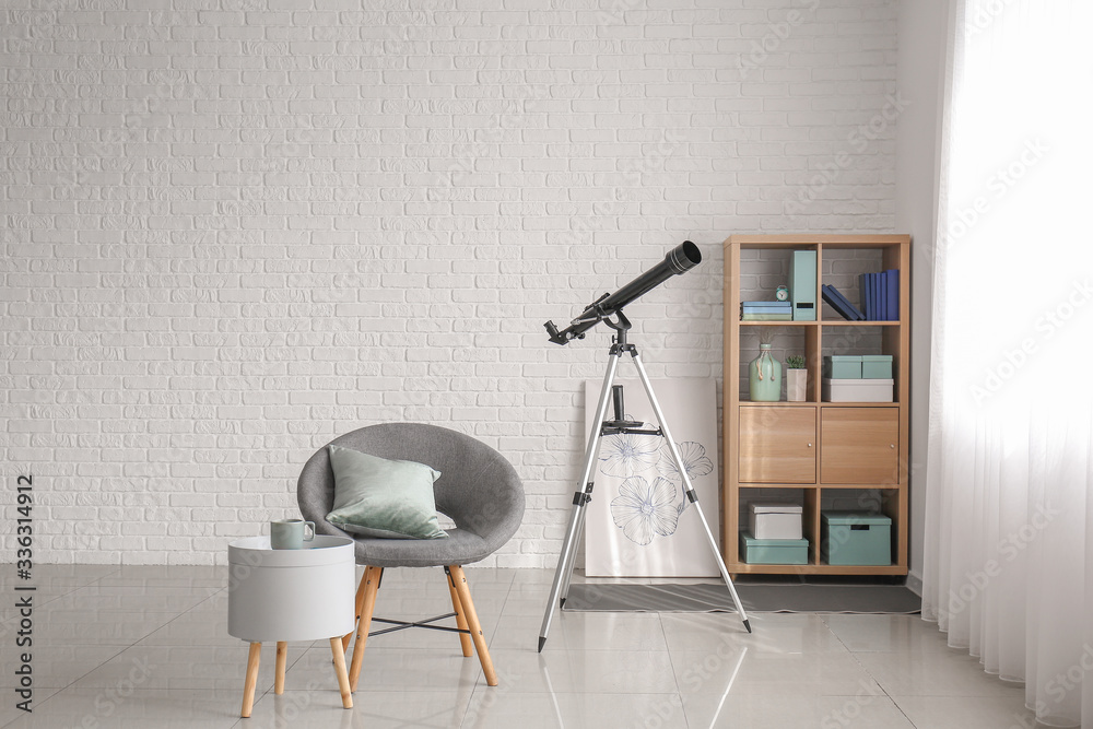 Interior of modern room with telescope Stock Photo | Adobe Stock