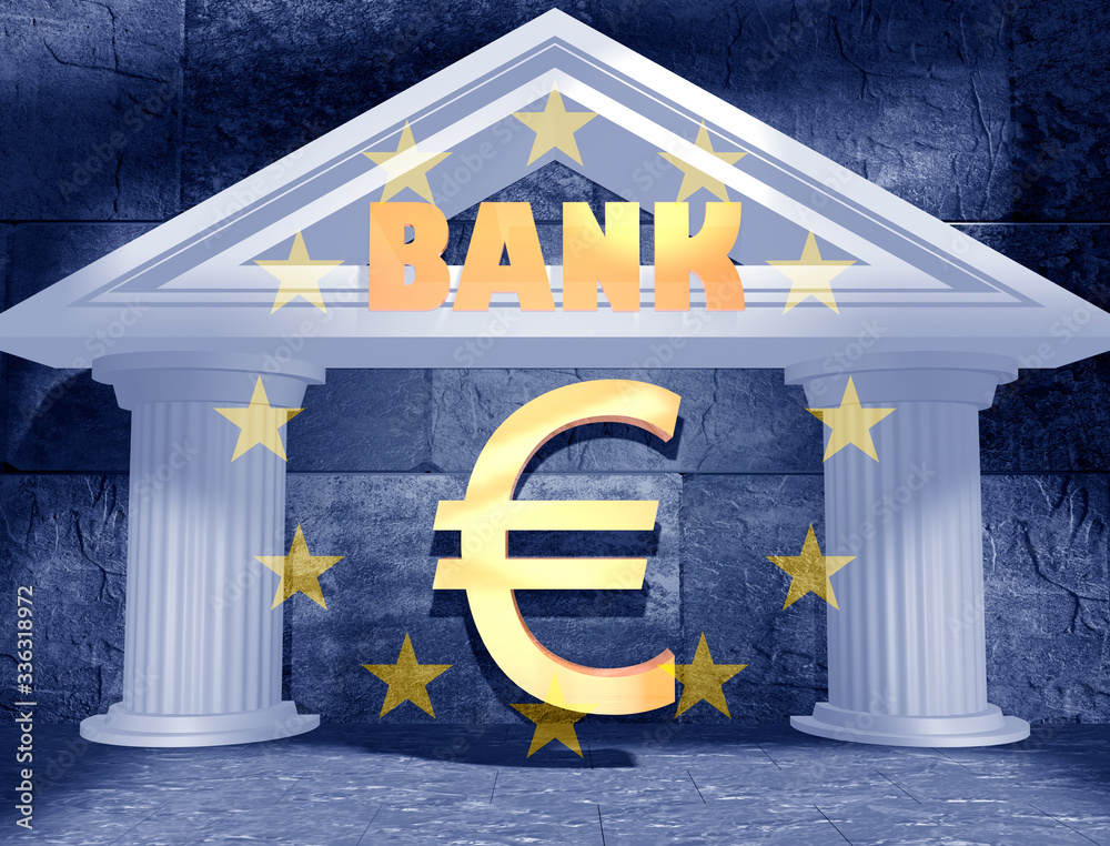 Abstract white bank building. Euro symbol. 3D rendering. Flag of the ...