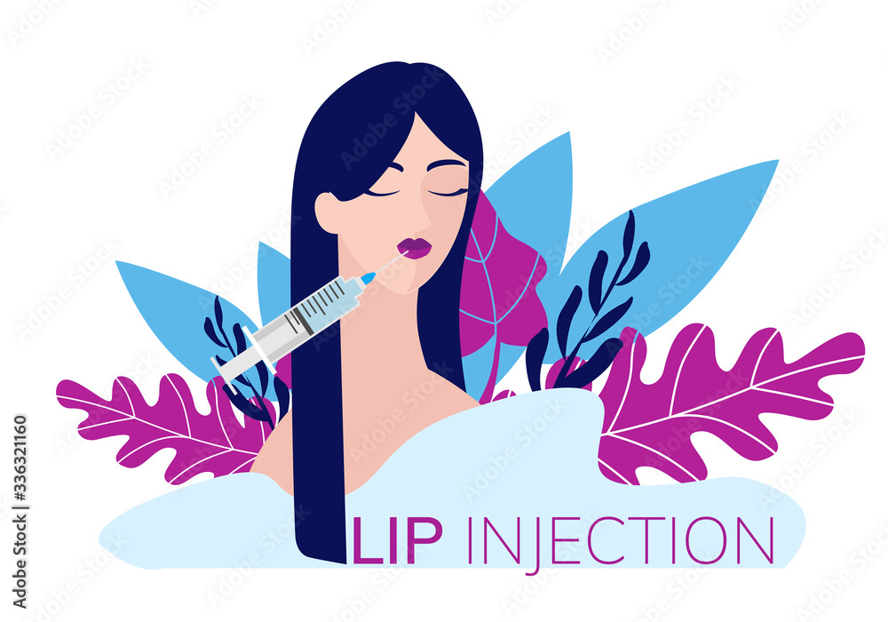 simple flat illustration of a woman, girl injecting a lip injection ...