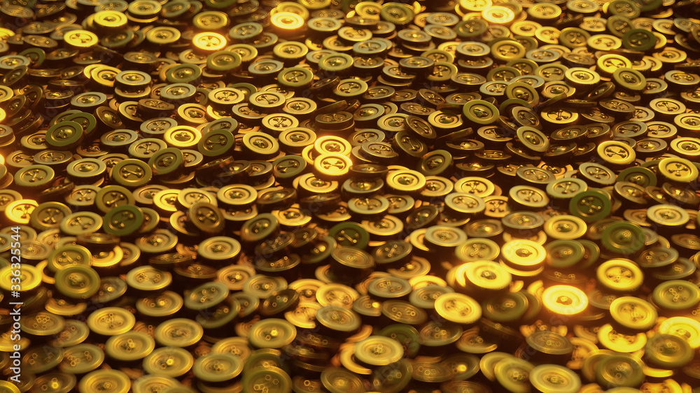 Close up of huge pile of stylized skulls coins with gold bokeh. Concept ...
