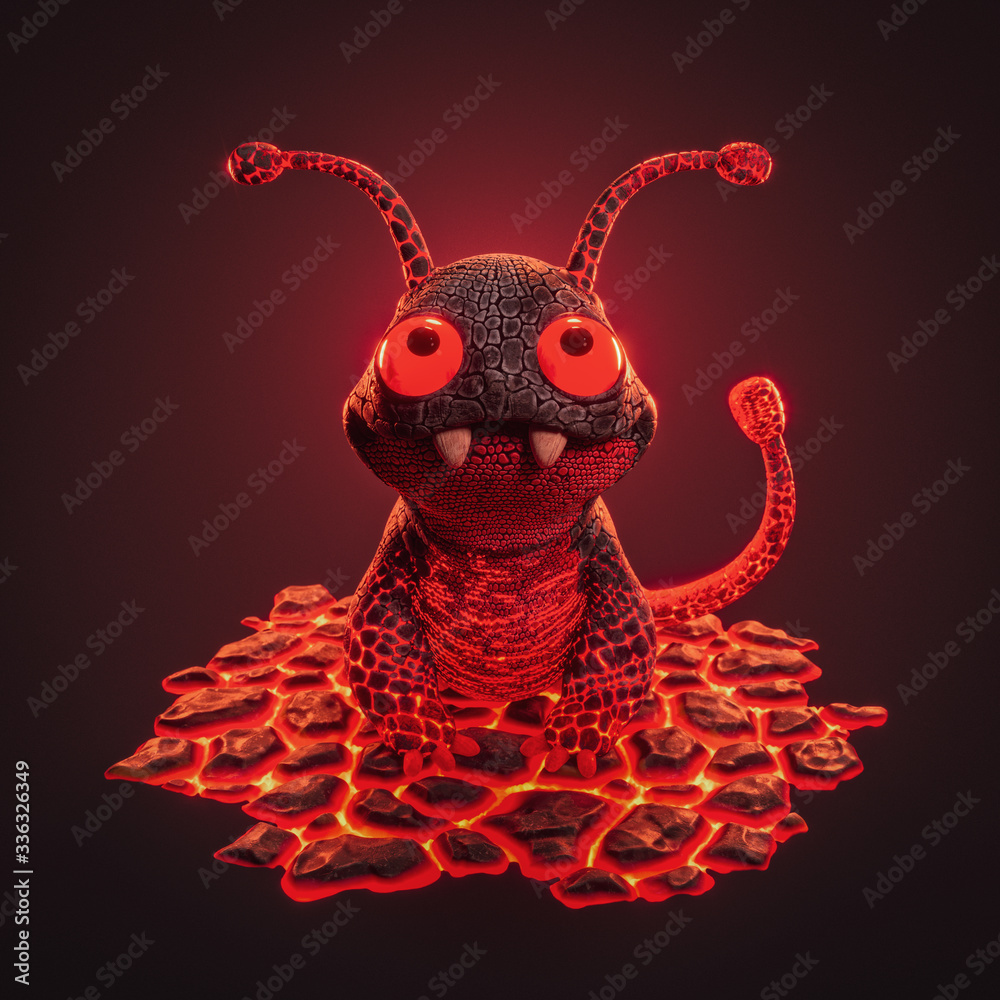 3d illustration of cute little cartoon red hot magma monster sitting on ...