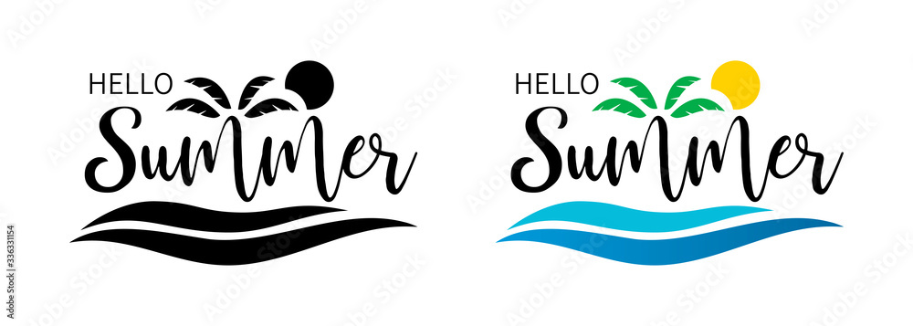 Hello summer set. Sea palm summer of banner. Hello summer hand ...