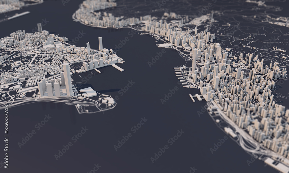 Hong Kong city map 3D Rendering. Aerial satellite view. Stock ...