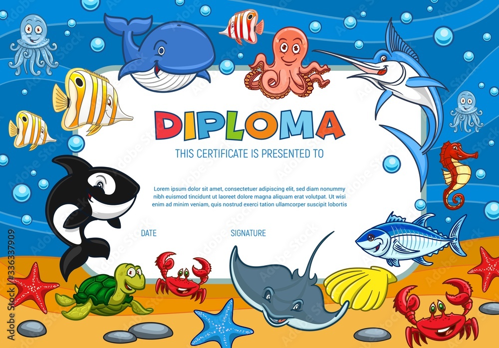 Diploma certificate with cartoon underwater world fishes and ocean ...