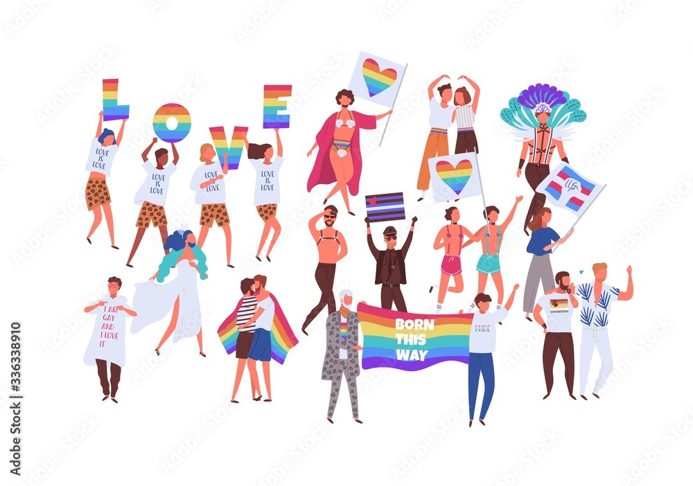 Crowd of people on pride parade isolated on white background. Lgbtq ...