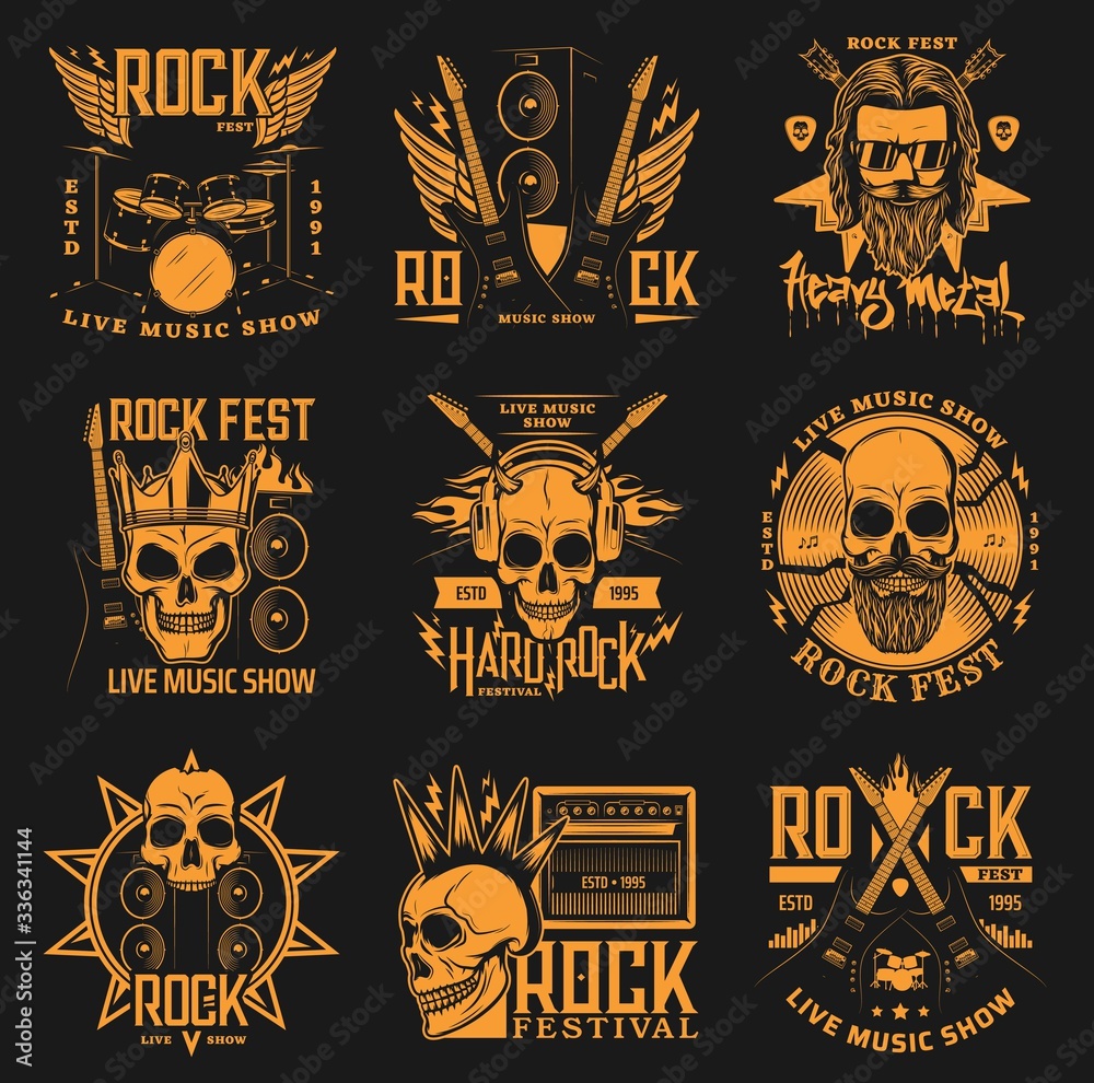 Hard rock festival, heavy mental band concert vector icons. Skull with ...