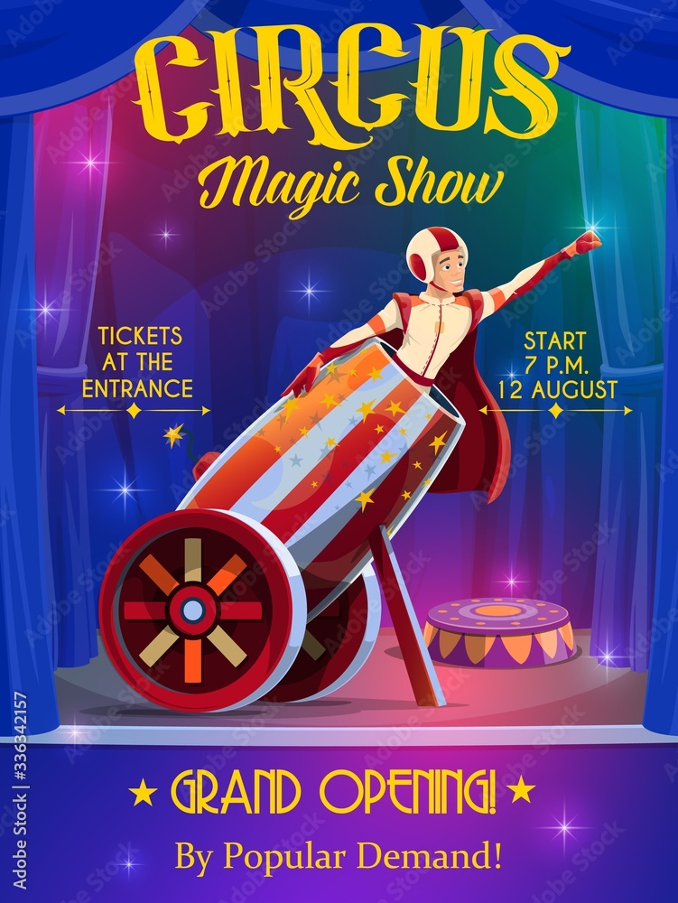 Circus and funfair carnival show, rocket man in cannon, vector retro ...