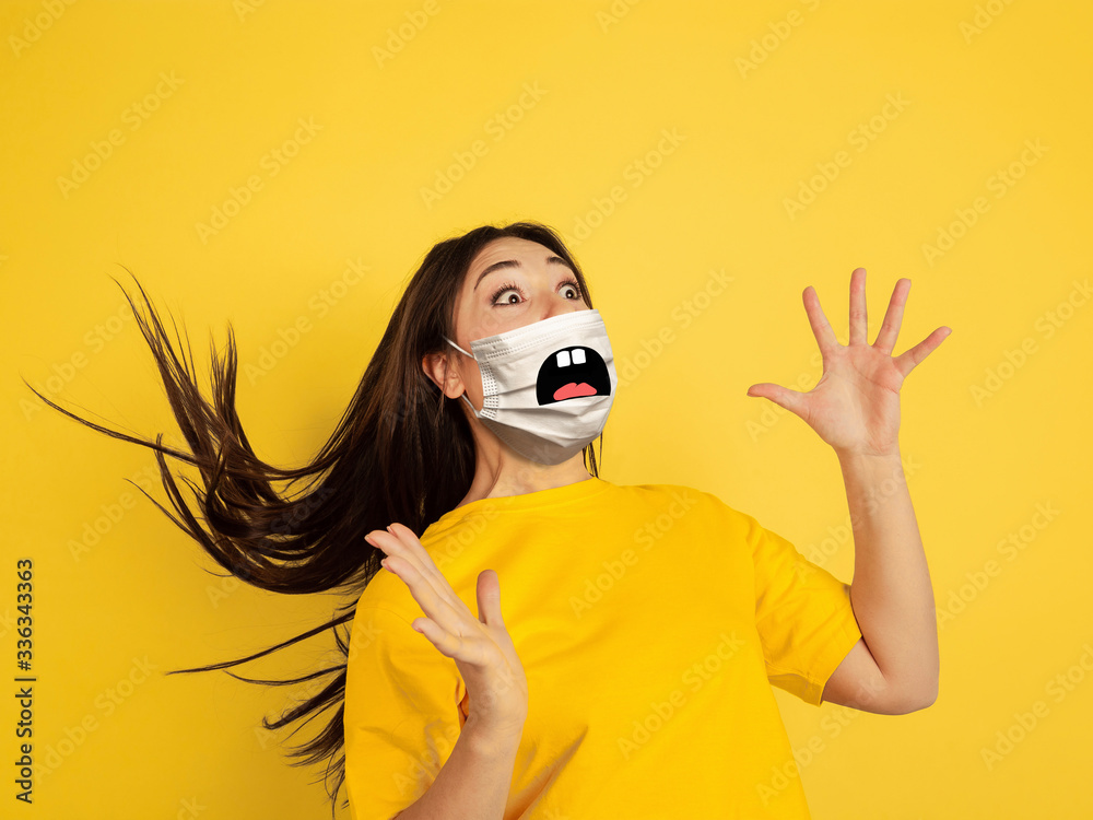 Scared screaming. Portrait of young caucasian woman with emotion on her ...