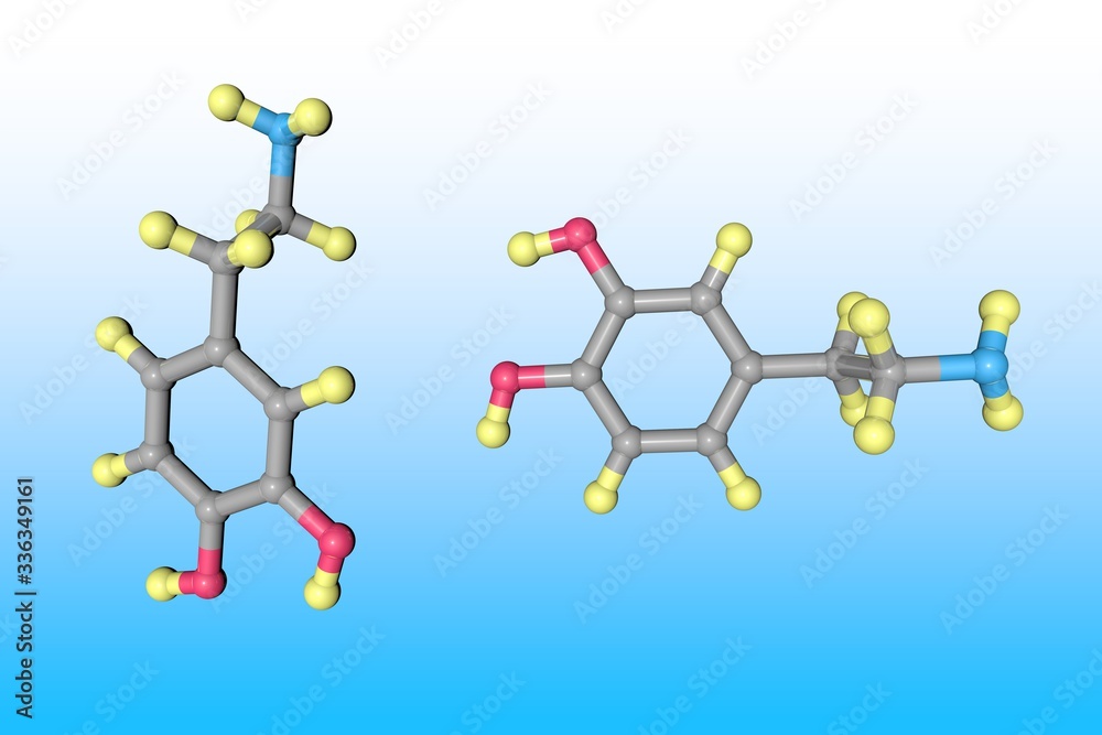 Molecular model of dopamine on light blue background. It is known as ...