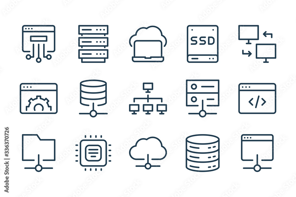 Database, Server and Cloud service line icons. Network and Technology vector linear icon set ...