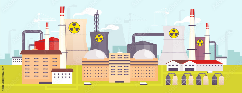 Nuclear power plant flat color vector illustration. Industrial facility ...
