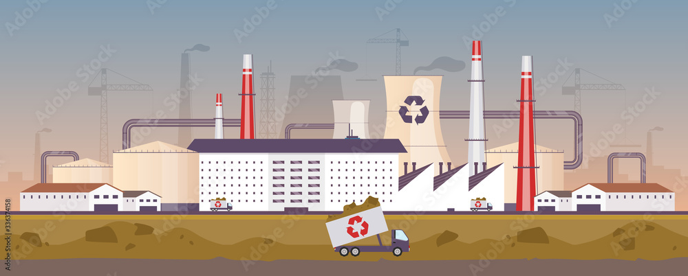 Waste management plant flat color vector illustration. Recycling ...