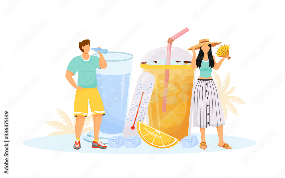 Summer flat concept vector illustration. Woman and man in hot weather ...
