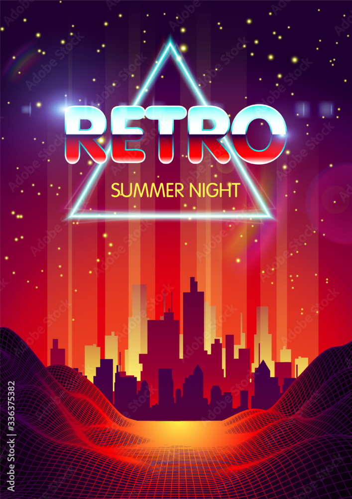 Retro Party 80s. Digital Landscape with Space, Mountains and Laser Rays ...