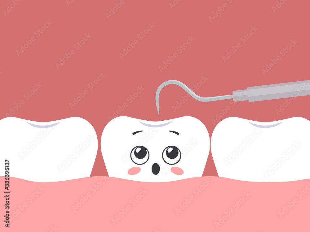 Checkup of a tooth by a dental explorer. Cute surprised tooth character ...