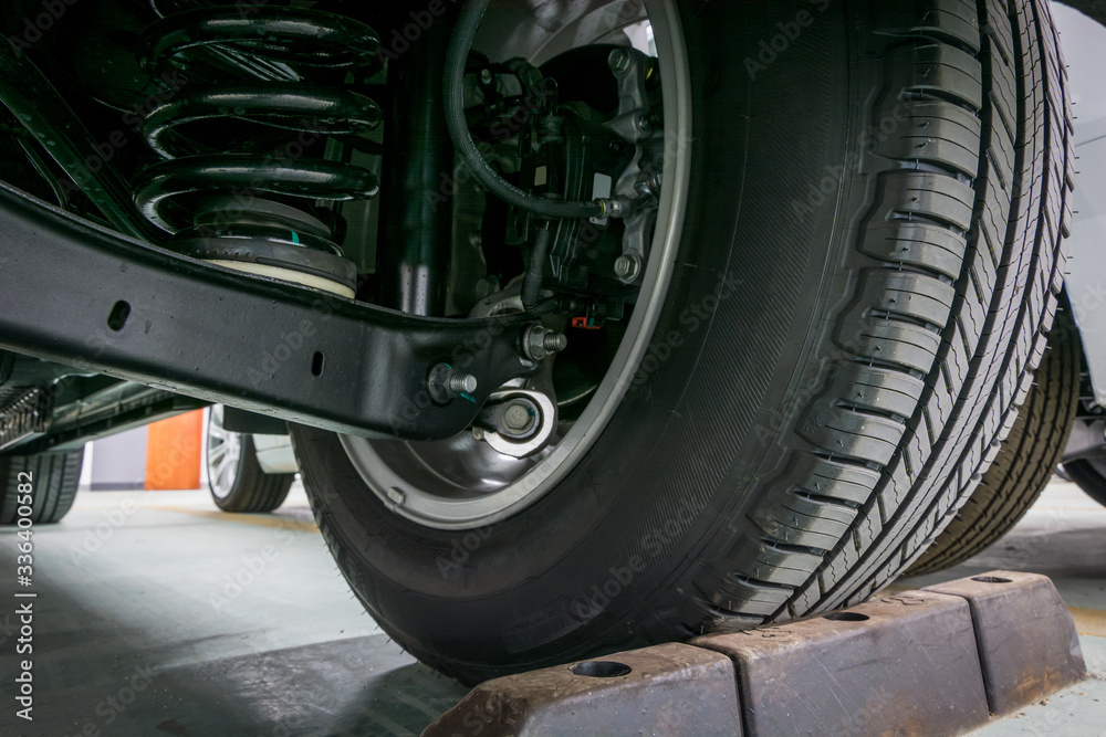 Technical photo. The structure of the modern car. Rear suspension ...