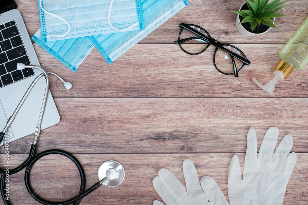 Flat lay, Top view work form home and COVID-19 prevention concept on ...