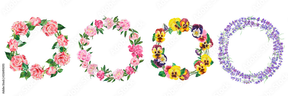 Wreath of peonies, roses, lavender, pansies flowers on isolated white ...