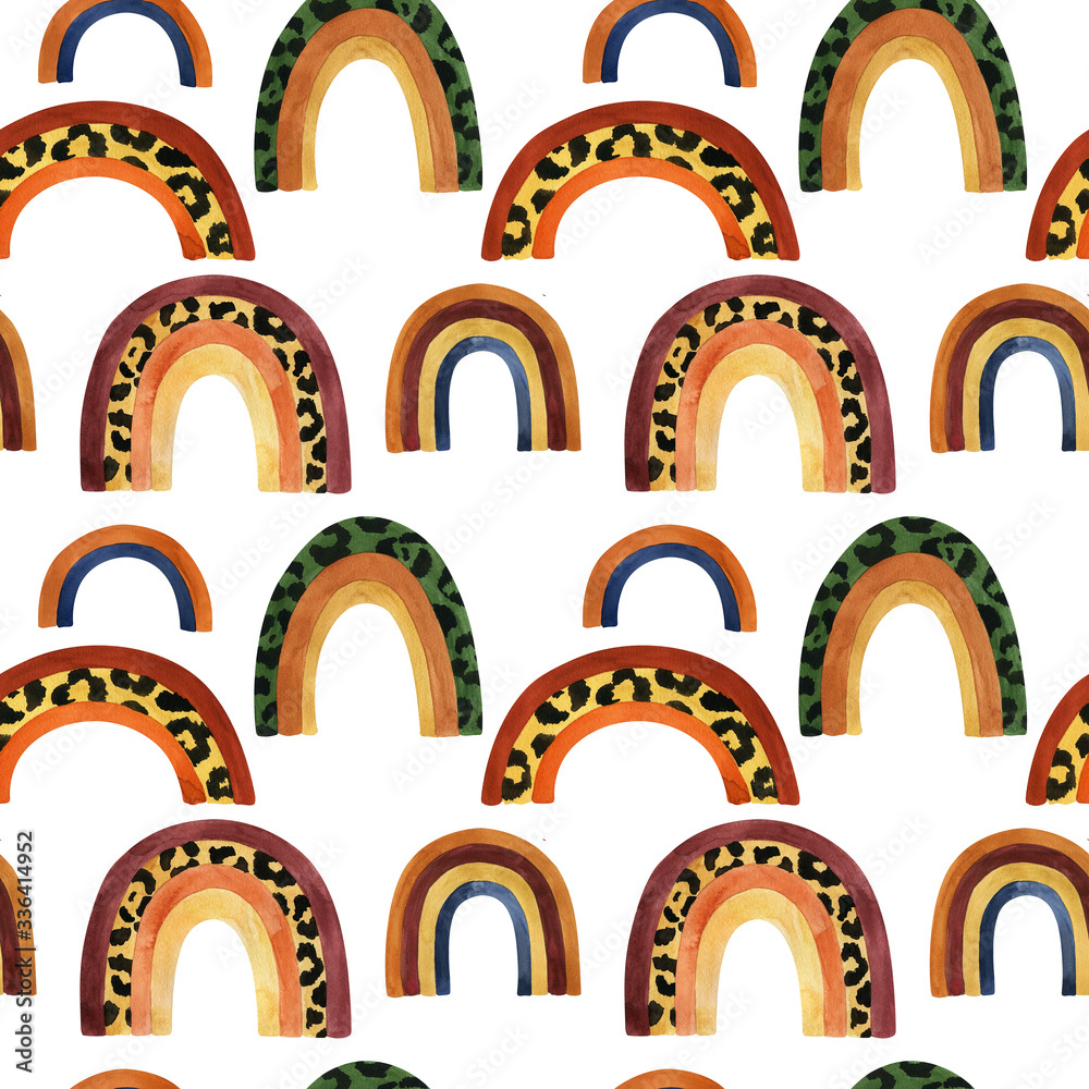 Seamless pattern with rainbow and leopard print on isolated white ...