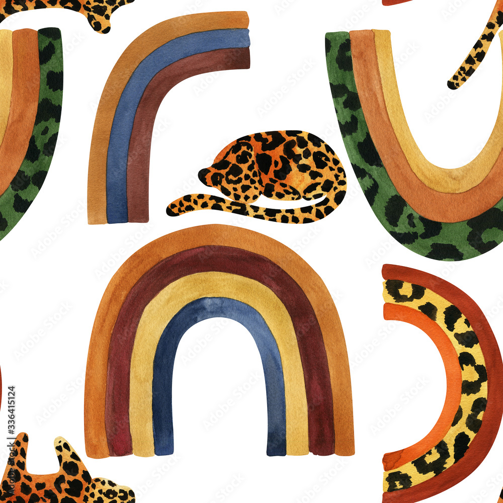 Seamless pattern with rainbow and leopard print, leopard cartoon on ...