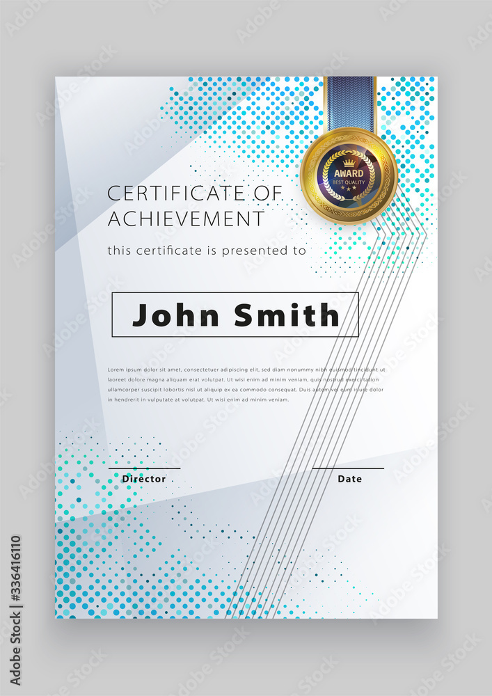 Official white certificate with blue green half tone and trianlges ...