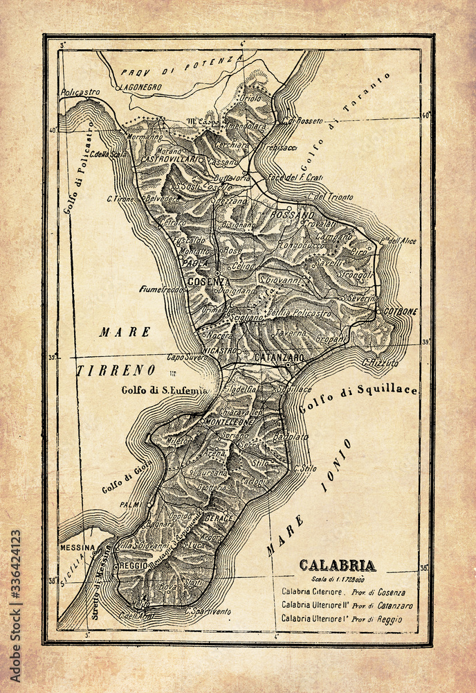 Ancient map of Calabria region in Southern Italy surrounded by Jonian ...