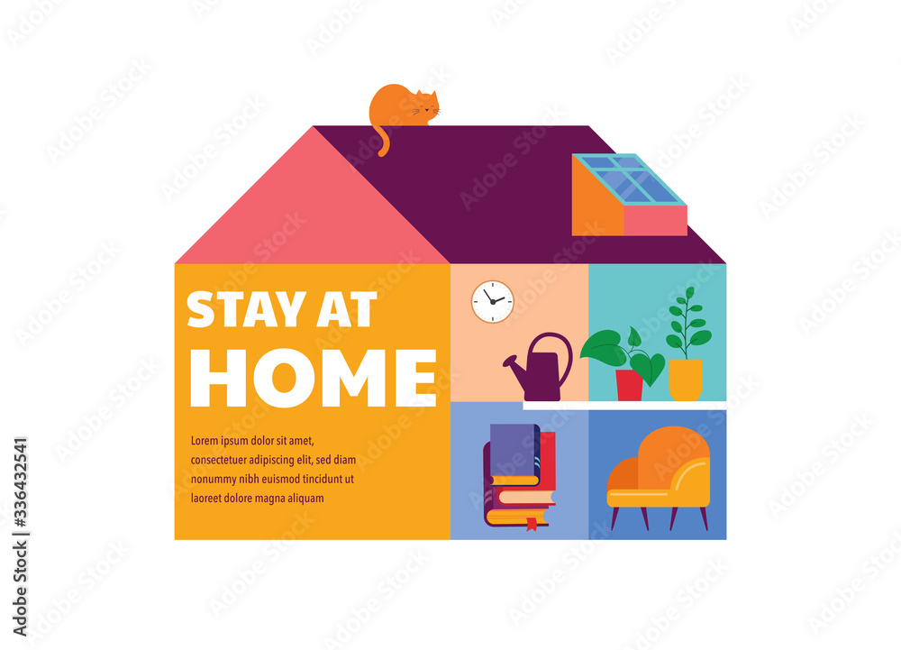 Stay at home, concept design. House facade with different types of ...