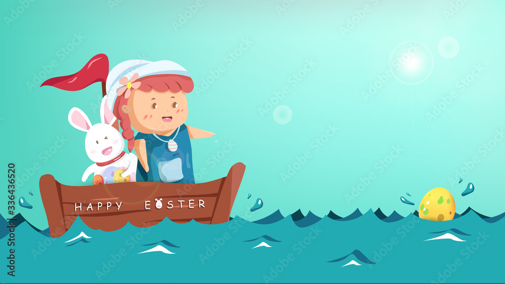 Happy Easter, adorable girl with rabbit on the boat adventure hunting ...