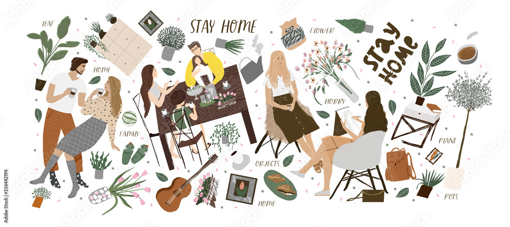 Stay at home! Vector cute illustration of Coronavirus quarantine ...