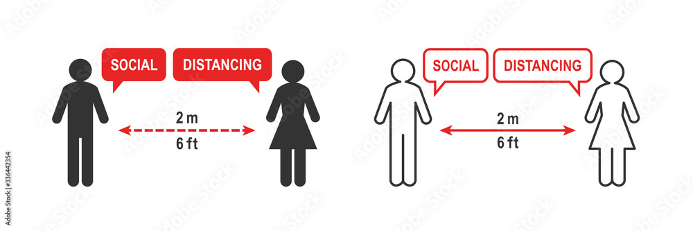 Social distancing sign. Two people keeping a 2 meter or 6 feet distance ...