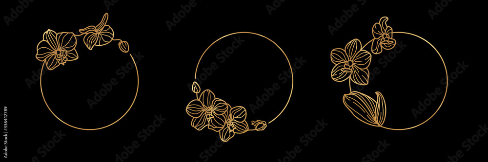 Set of Gold frame template Orchid Flower and monogram concept in ...