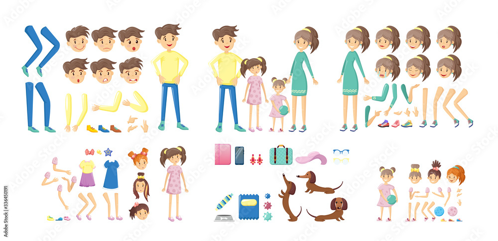 Family creation kit, cartoon character constructor. Body parts, face ...