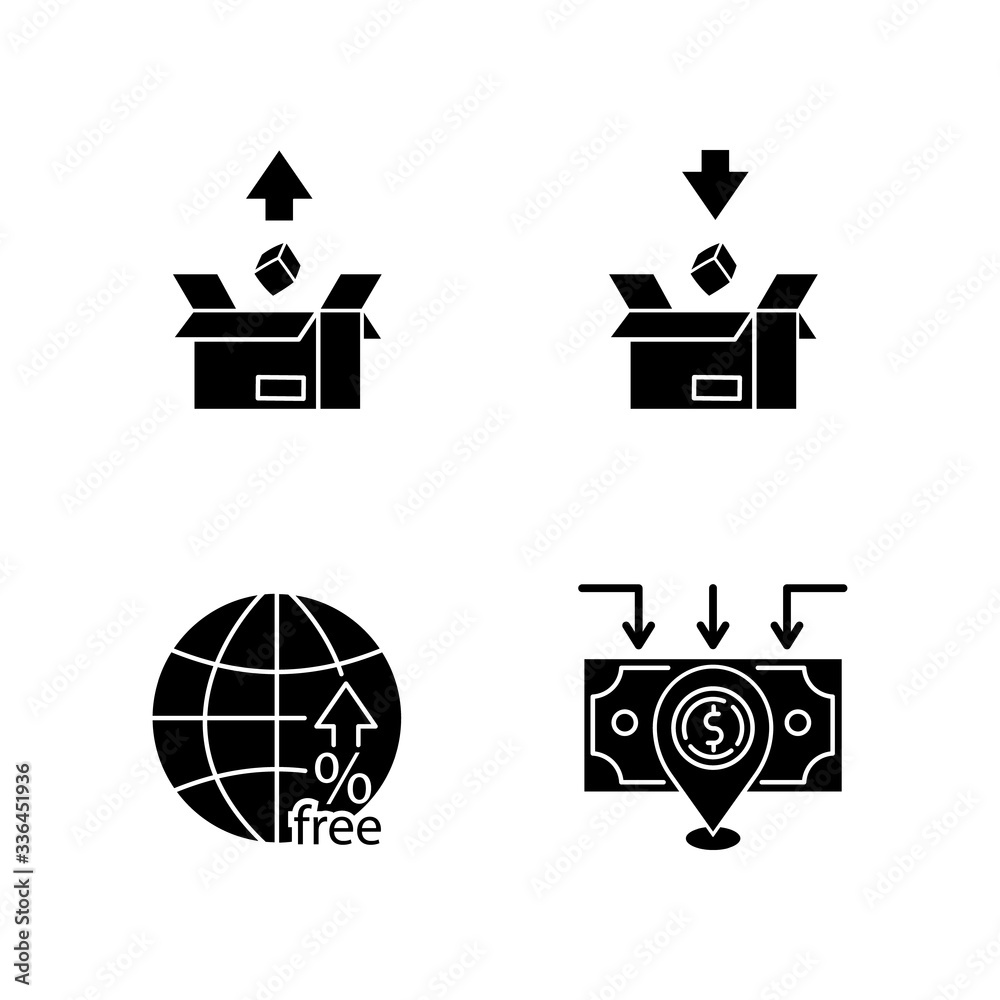 International trade, customs taxes black glyph icons set on white space ...