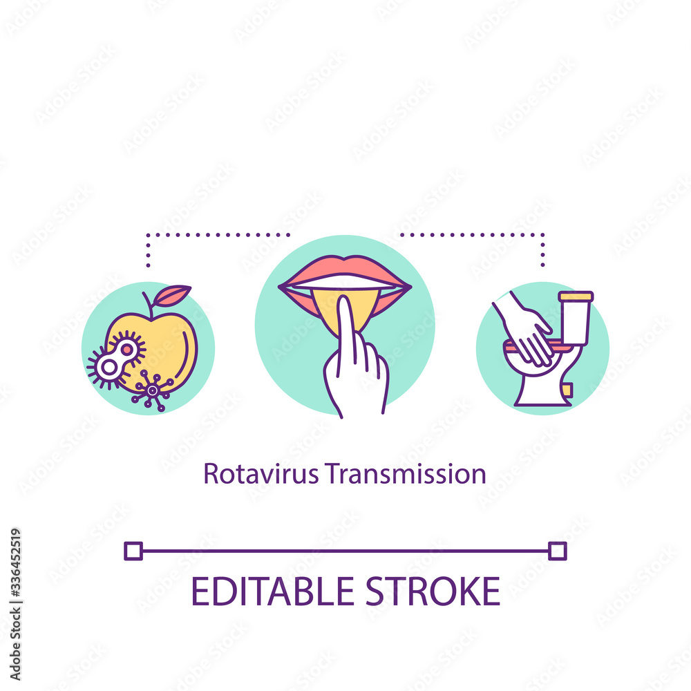 Rotavirus transmission concept icon. Hands and surfaces contaminated ...