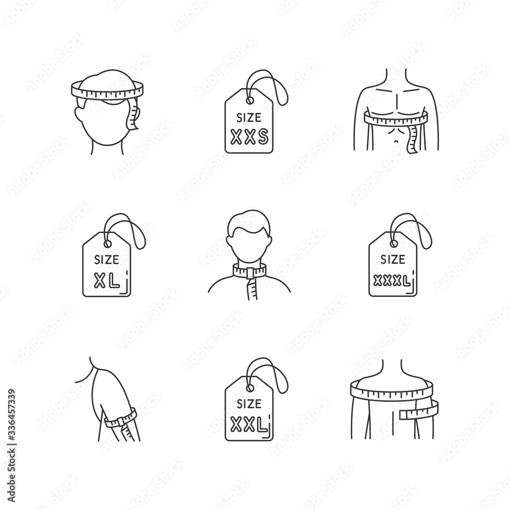 Male clothing sizes pixel perfect linear icons set. Men body ...