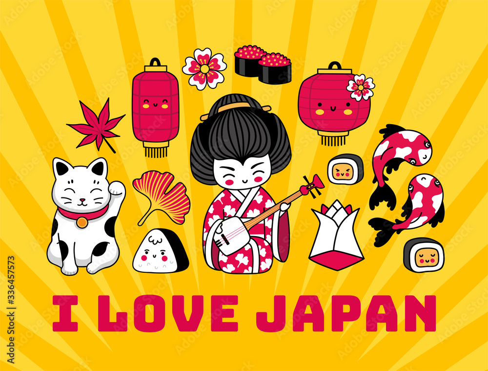 I love Japan. T-shirt design, print postcard with famous japanese ...