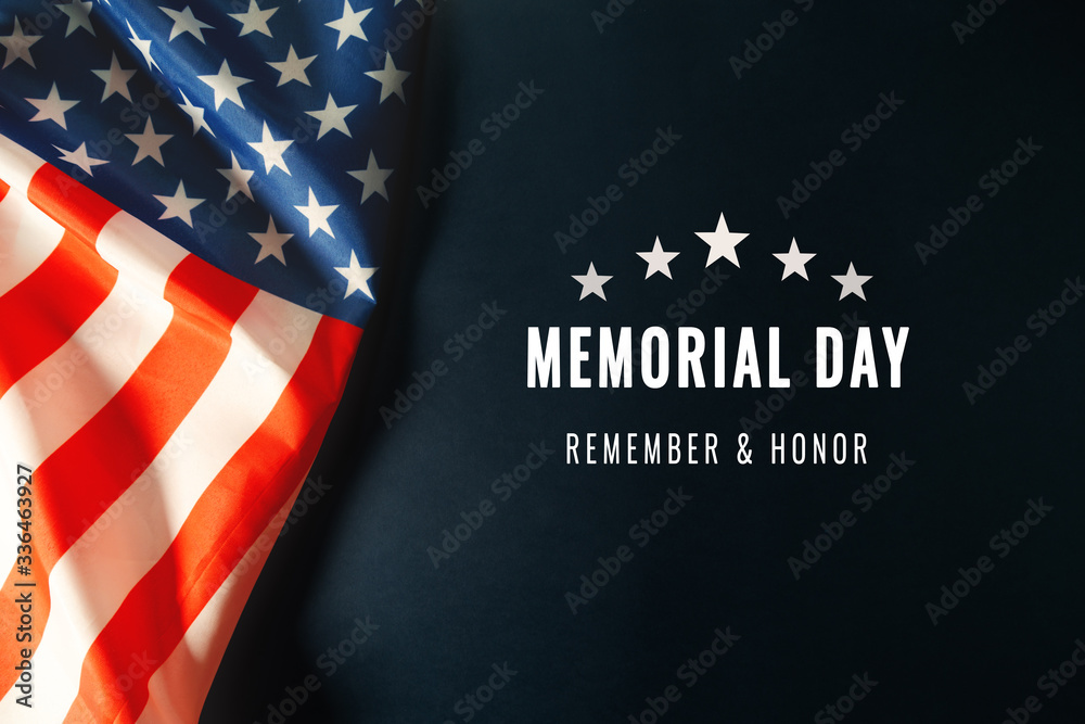 Memorial Day with American flag on blue background Stock Photo | Adobe ...