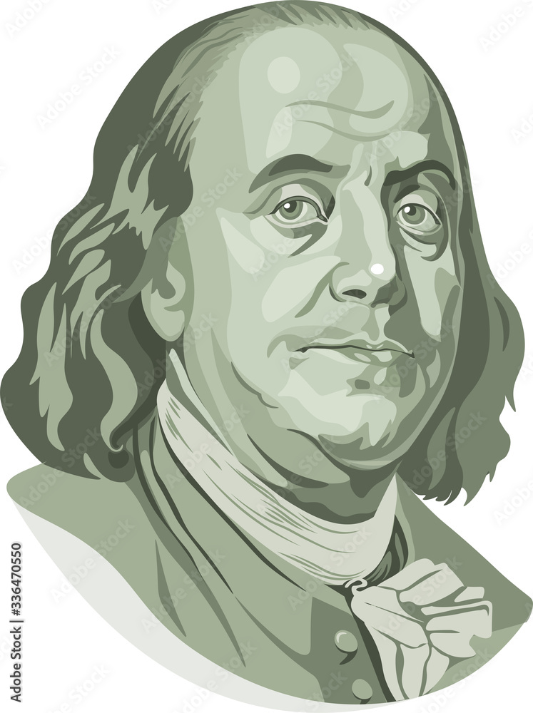 Vector portrait of Benjamin Franklin in front of the one hundred dollar ...