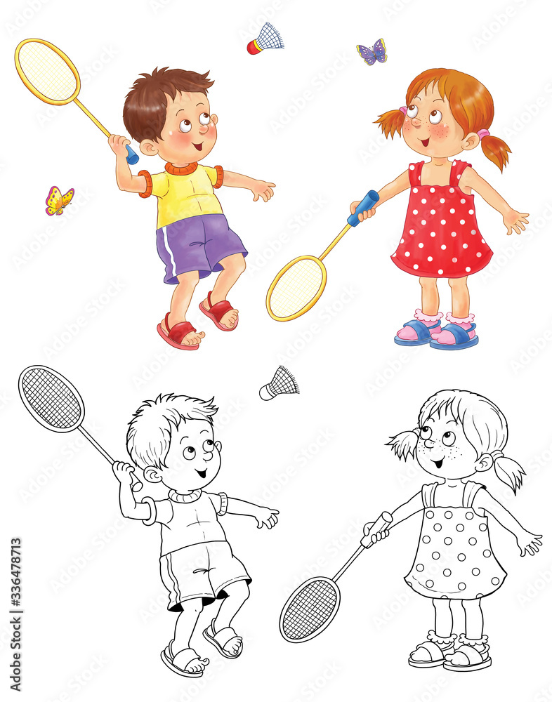 Four seasons. Cute boy and girl are playing outdoors. Coloring page ...